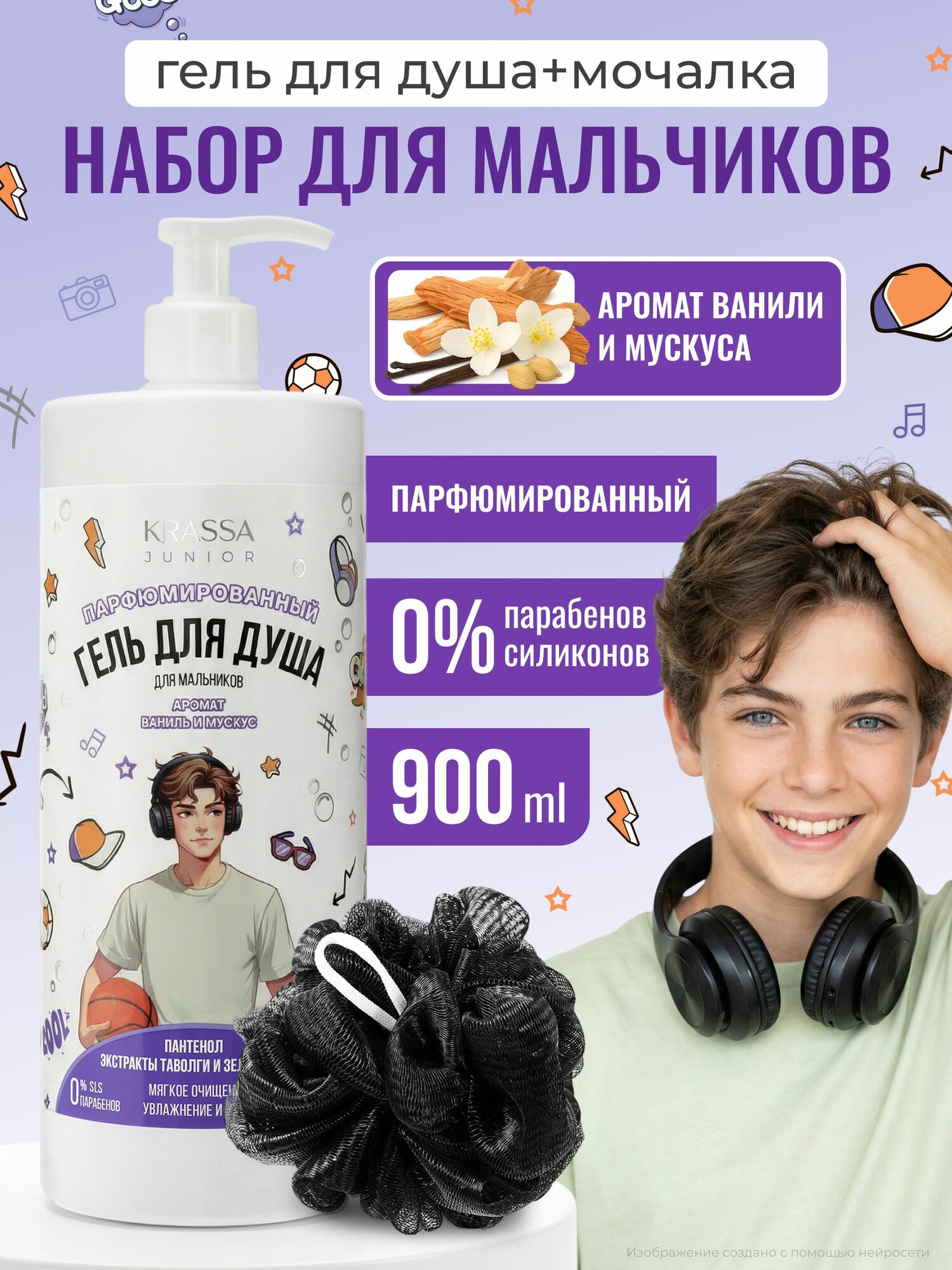 Набор парфюмированный: Гель для душа детский для мальчиков + Мочалка, JUNIOR, 900 мл