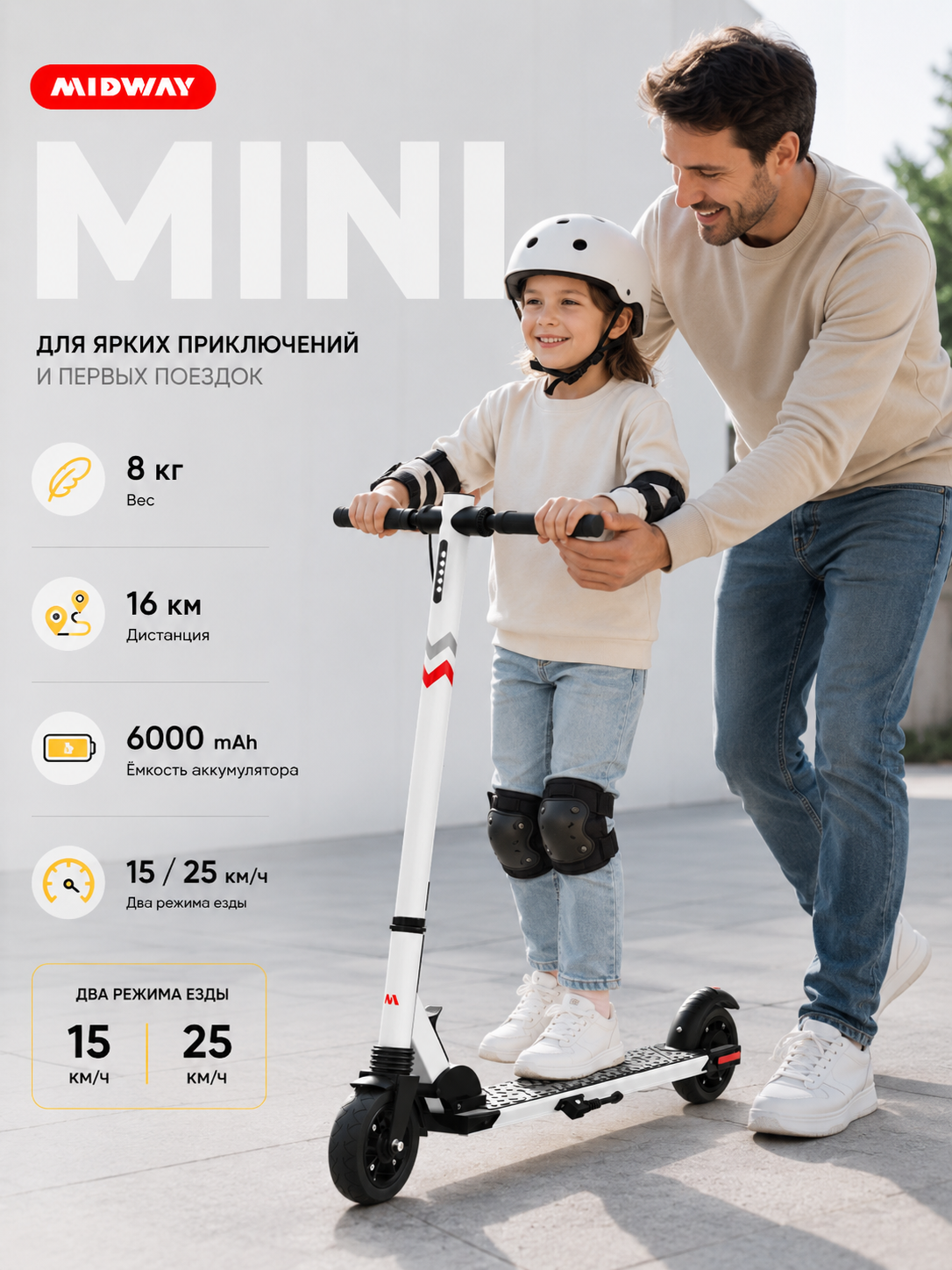 Электросамокат MIDWAY MINI самокат электрический детский и подростковый, белый