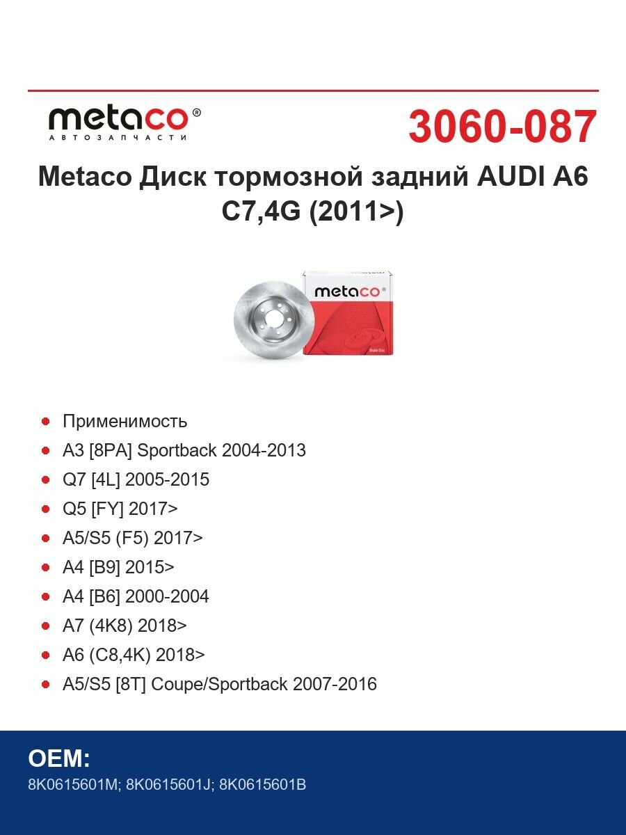 Metaco Диски тормозные задний AUDI A6 C7,4G (2011>)