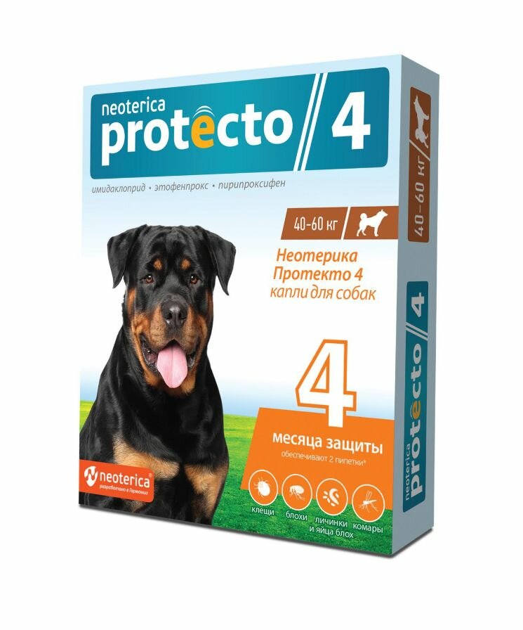 Neoterica Protecto 4 Капли на холку для собак 40-60 кг от блох и клещей, 2 шт