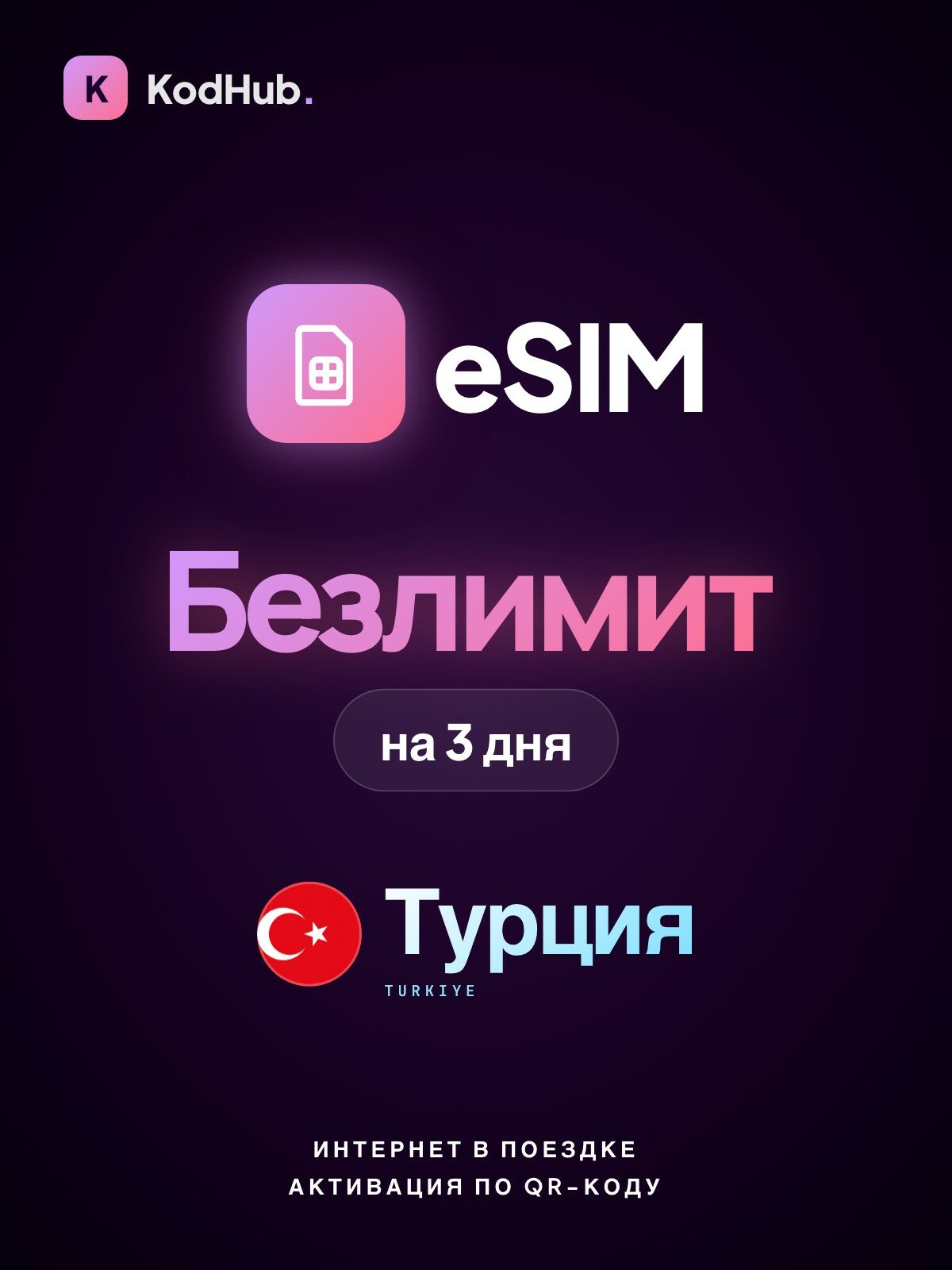 Туристическая eSIM Турция безлимит на 3 дня | интернет в поездке, связь за границей | QR-код активации