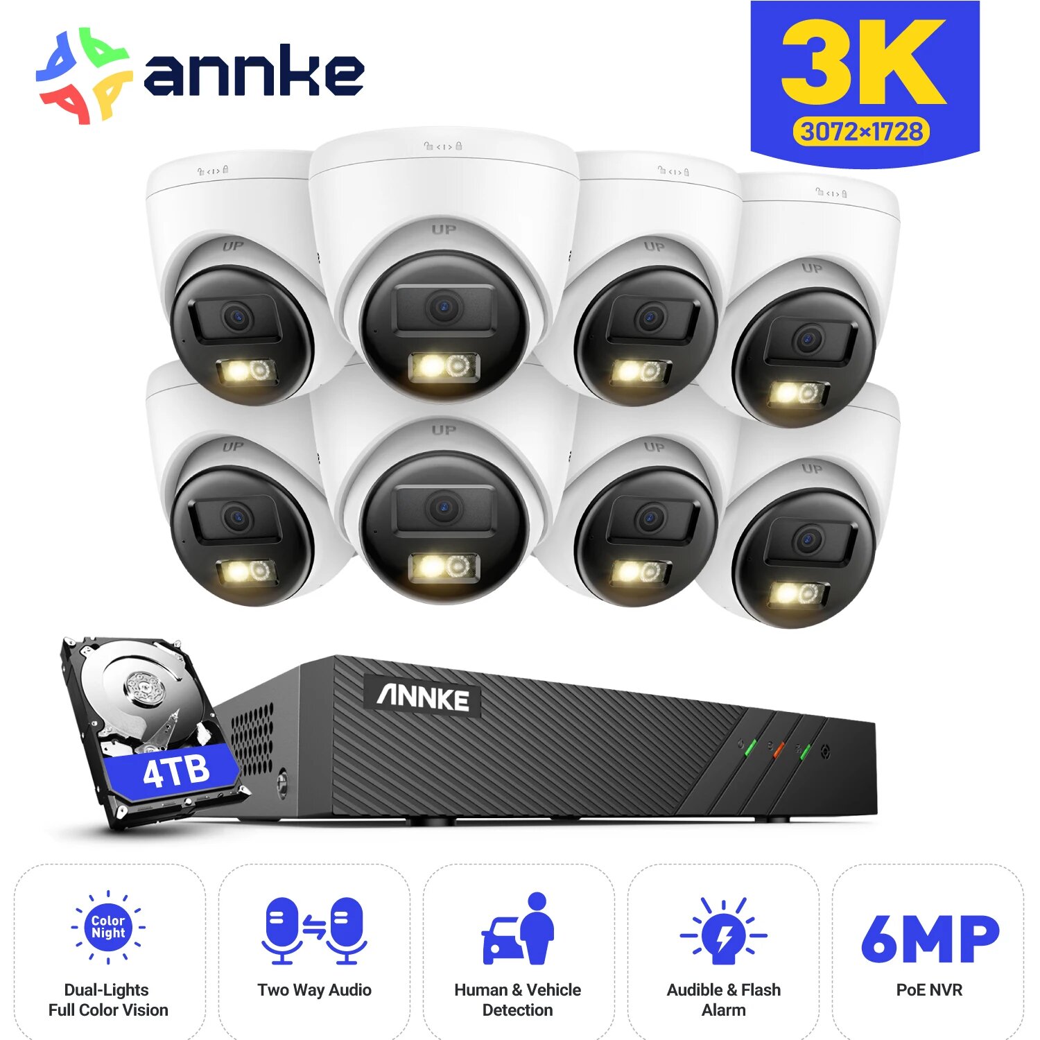 Annke H500 8CH 3K ИК Ультра HD IP PoE Камера Двойной Свет Наружная PoE Камера Безопасности 265+ Двунаправленный Аудио 2.8MM Объектив Человек и Транспортное Средство