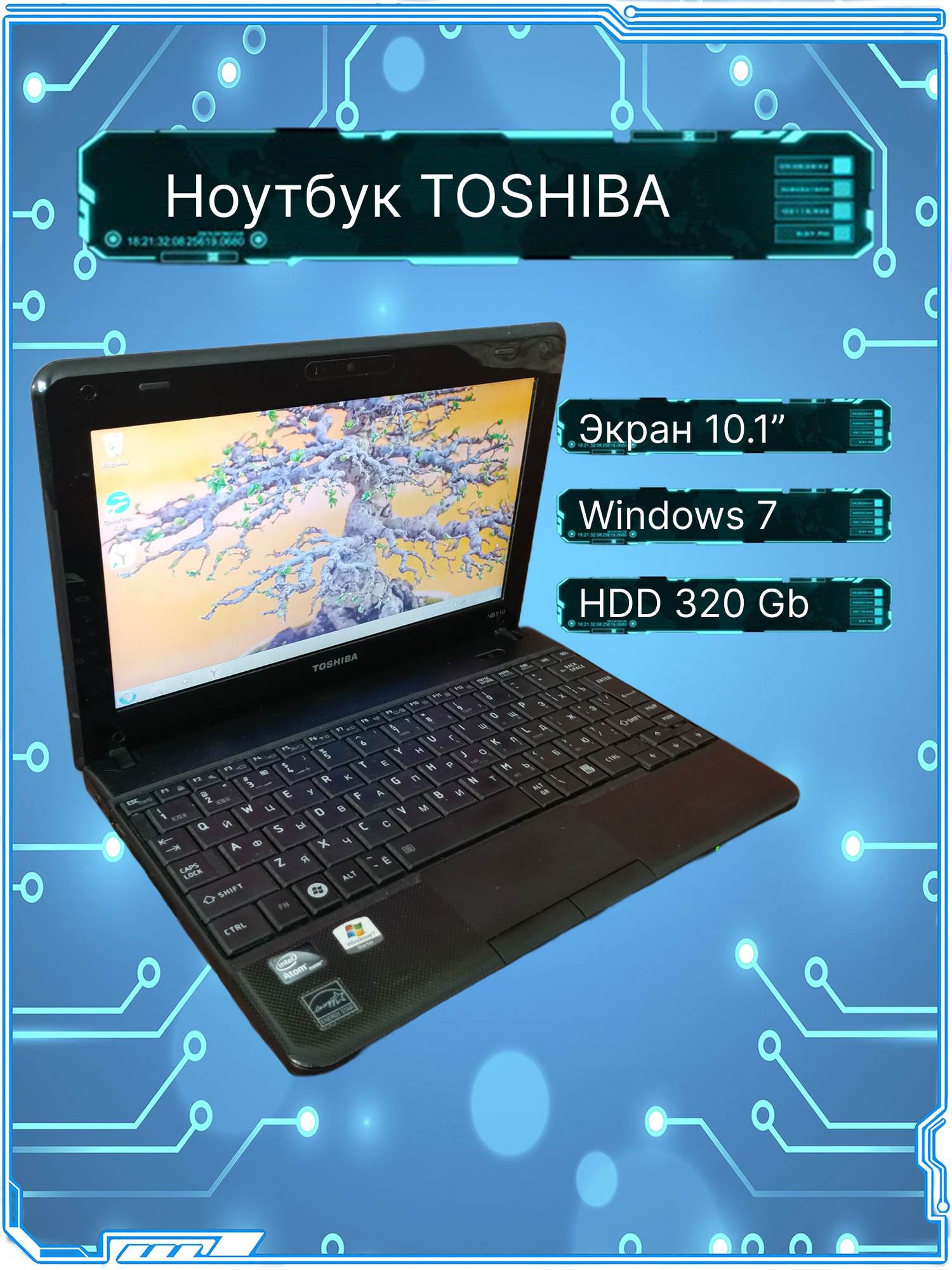 10,1" Нетбук Toshiba NB510-A1K 1024x600, Atom N2600, RAM 2 ГБ, HDD 320ГБ, Windows 7. черный. Товар уцененный.