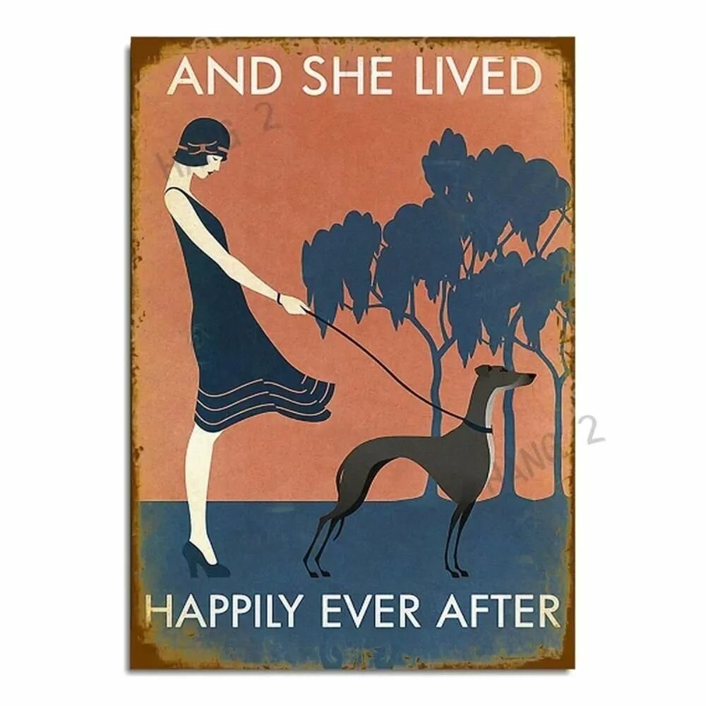 Табличка грейхаунд "And She Lived Happily Ever After", ретро стиль, металл, декор для интерьера, 20х30 см.