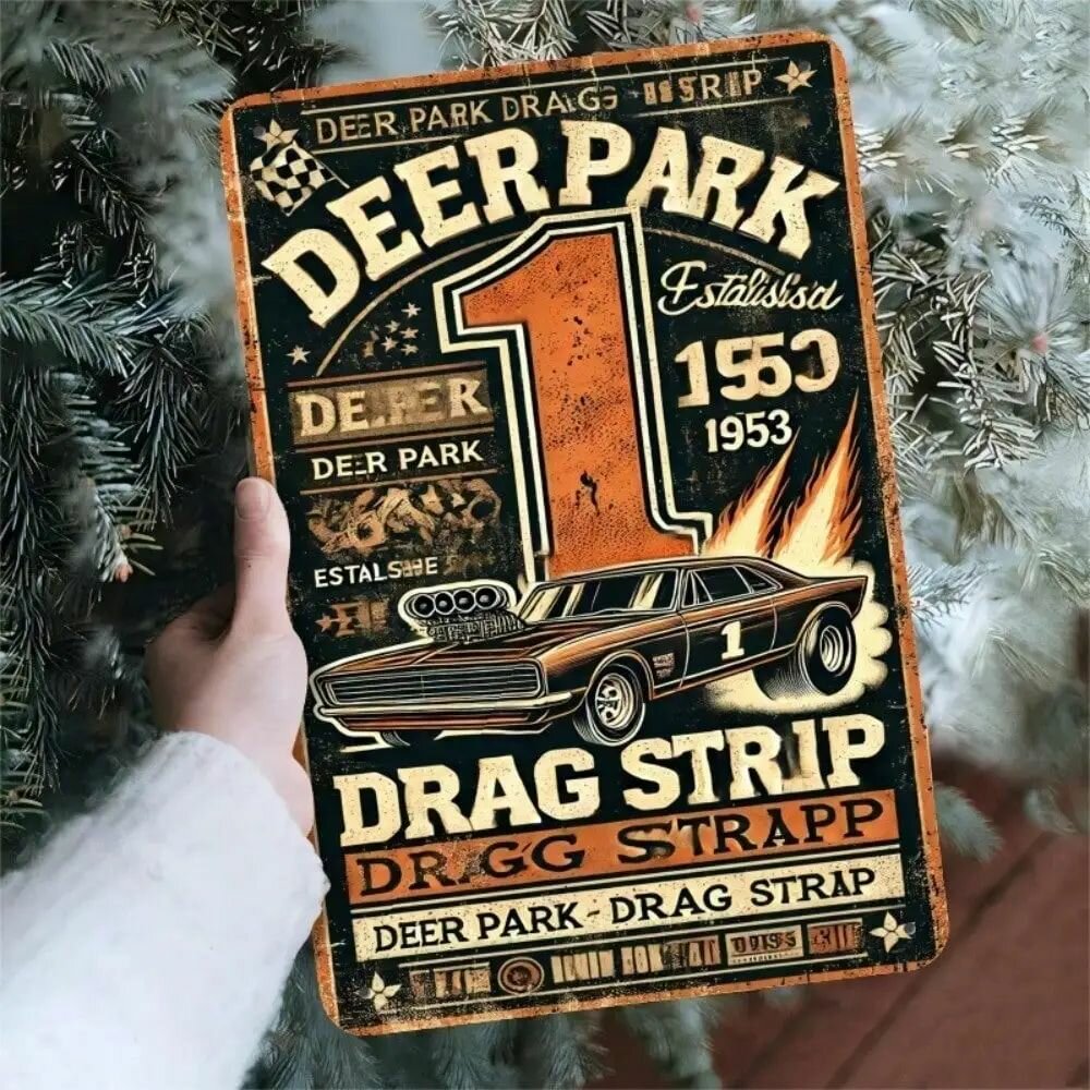 Винтажная жестяная табличка Deer Park Drag Strip, 7.8x11.8 дюймов, декоративное металлическое украшение в деревенском стиле для гаража или мужской берлоги.