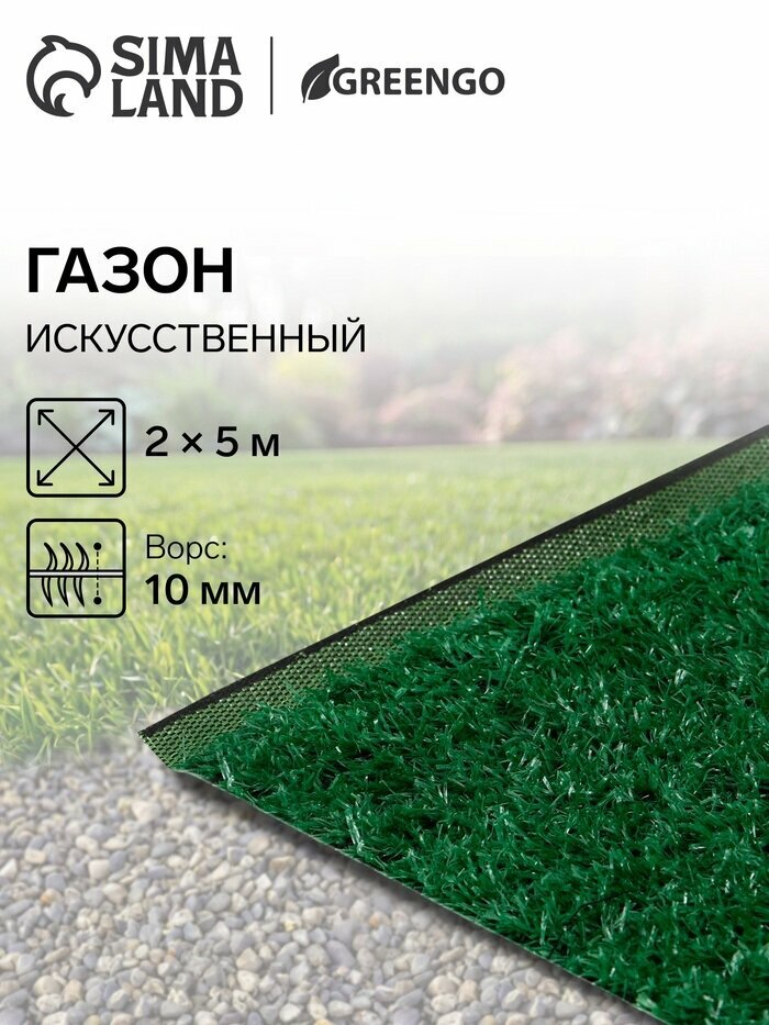 Газон искусственный в рулоне, ворс 10 мм, 2 × 5 м, зелёный, Greengo