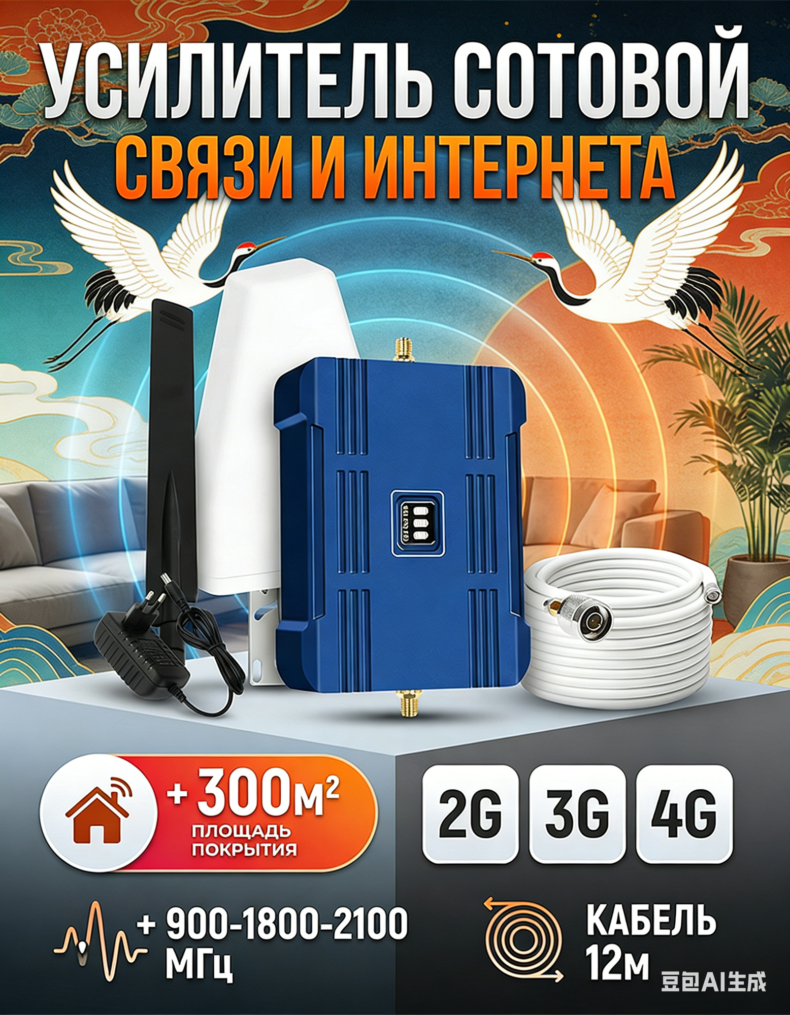 Усилитель сотовой связи 900/1800/2100 МГц (2G/3G/4G): до 70 км, направленный, синий, 1.3 кг
