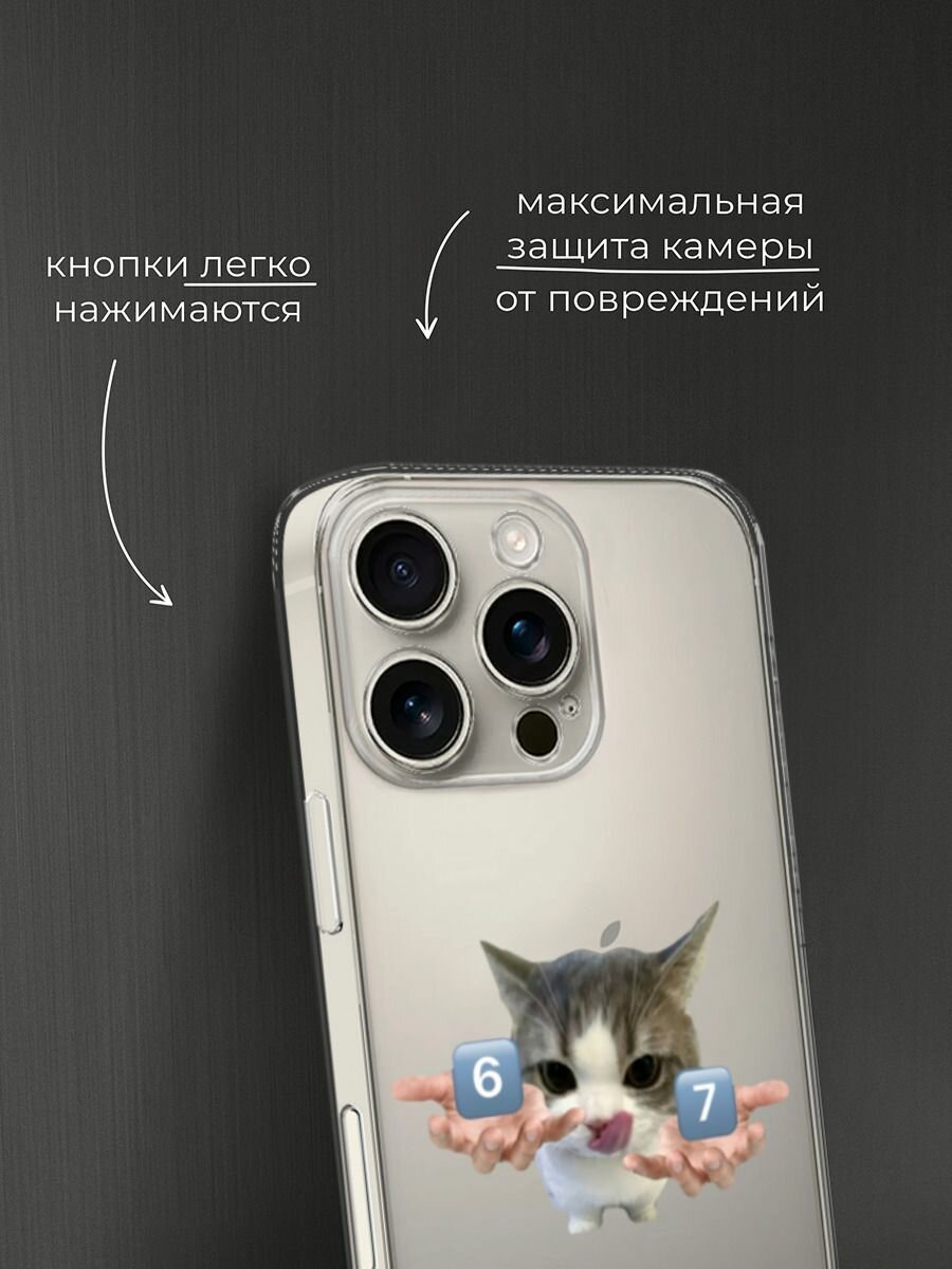 Чехол на Apple iPhone 16 Pro / Айфон 16 Про с принтом Мем 67 с котиком, прозрачный — фото 1