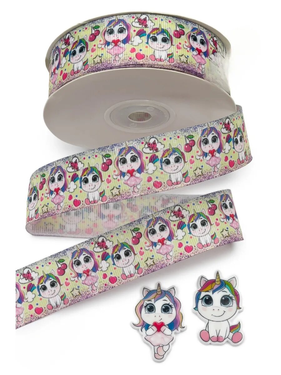 Лента репсовая с рисунком "Единорог" 2,5см (25 ярдов)