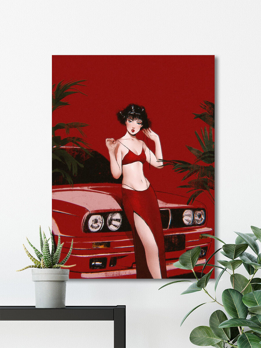 Картина на холсте - "Девушка в красном, автомобиль" , 30х40 см.