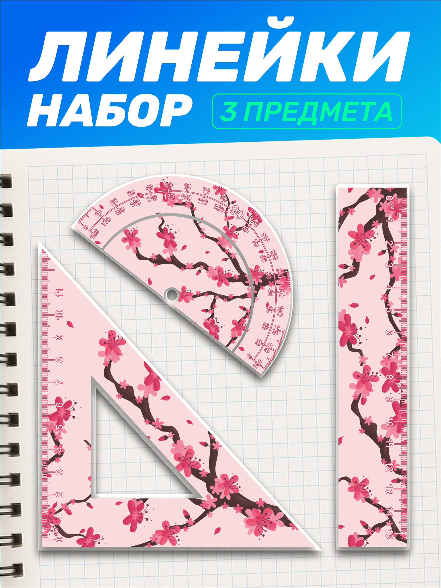 Набор линеек для школьника с транспортиром Цветы сакуры