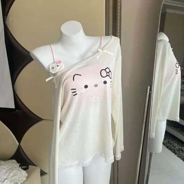 Блузка с открытыми плечами и принтом мультфильма «Hello Kitty», новая свободная, милая, кавайная, горячая девушка, тонкая, солнцезащитная футболка с длинными рукавами, подарок