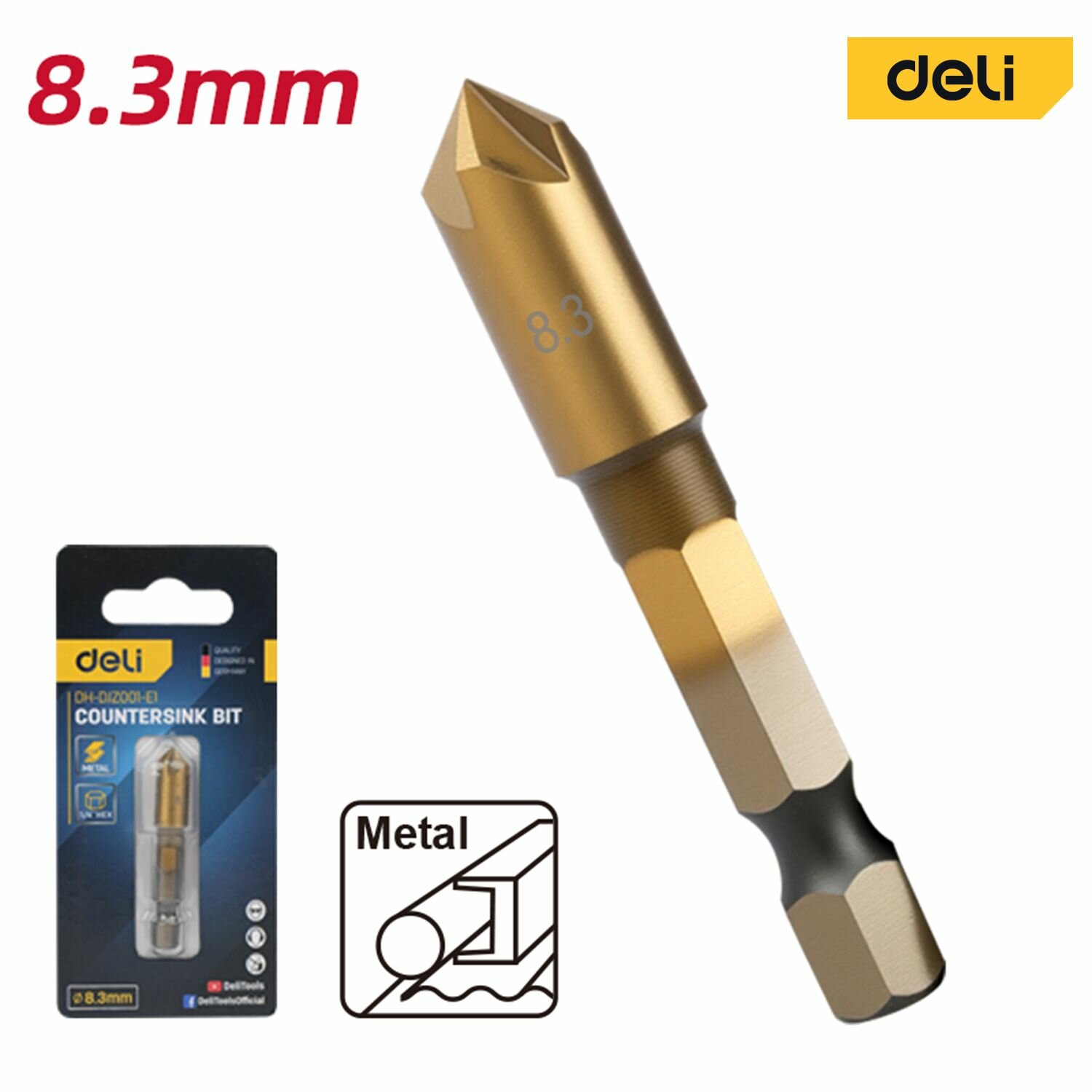 Зенковка конусная 8,3мм под М4 по металлу/дереву/пластику Deli DH-DJZ001-E1 сталь HSS, угол 90град, шестигранный хвостовик