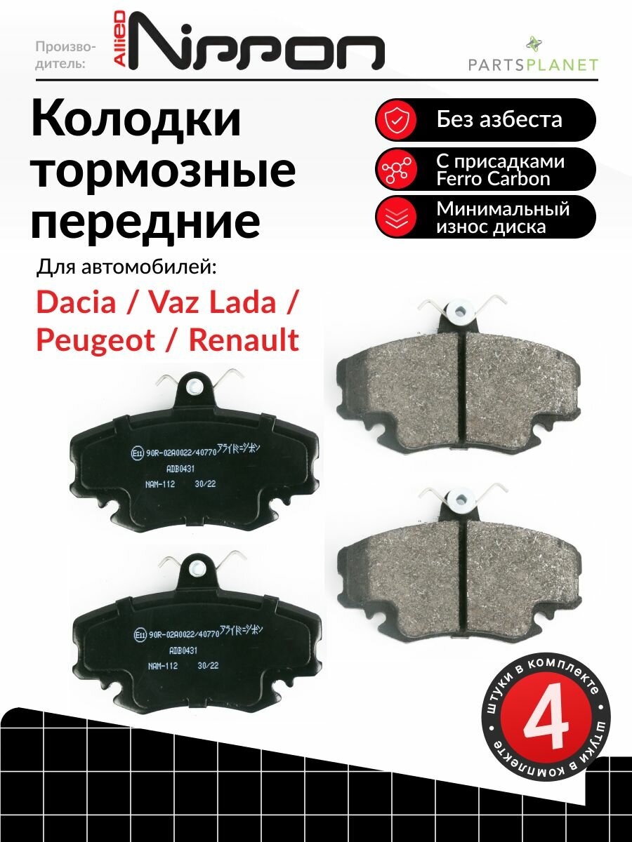 Тормозные колодки передние на Ваз Лада Ларгус, Пежо 205 309, Рено Логан, Меган, Сандеро