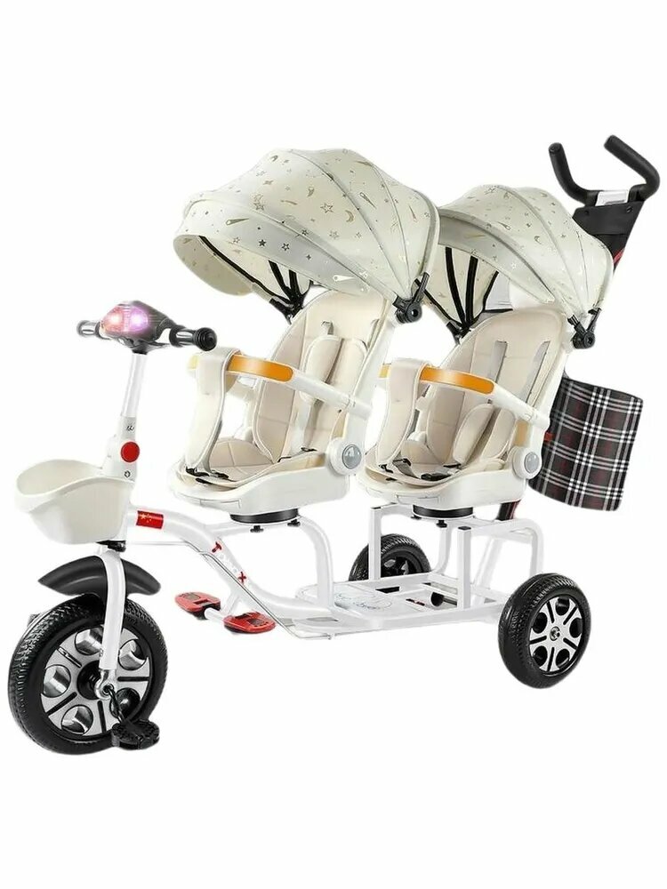 Складной детский трехколесный велосипед для двоих (1-6 лет) с откидной спинкой, родительской ручкой и защитным козырьком - идеальный выбор для прогулок с детьми