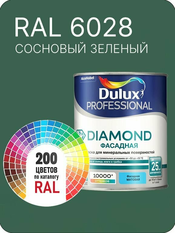 Краска для минеральных и деревянных фасадов Dulux Diamond цвет сосновый-зеленый Ral 6028 0.8 л.
