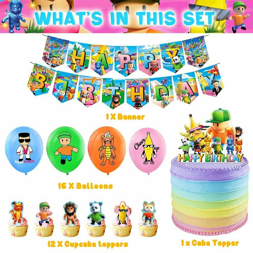 30шт. Принадлежности для вечеринки Stumble Guys включают в себя Баннер, Топперы для Торта, Воздушные Шары