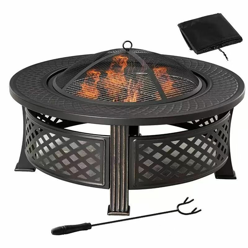 Круглый металлический костровой очаг диаметром 80 см с крышкой и защитным экраном, для дачи, кемпинга и пикника