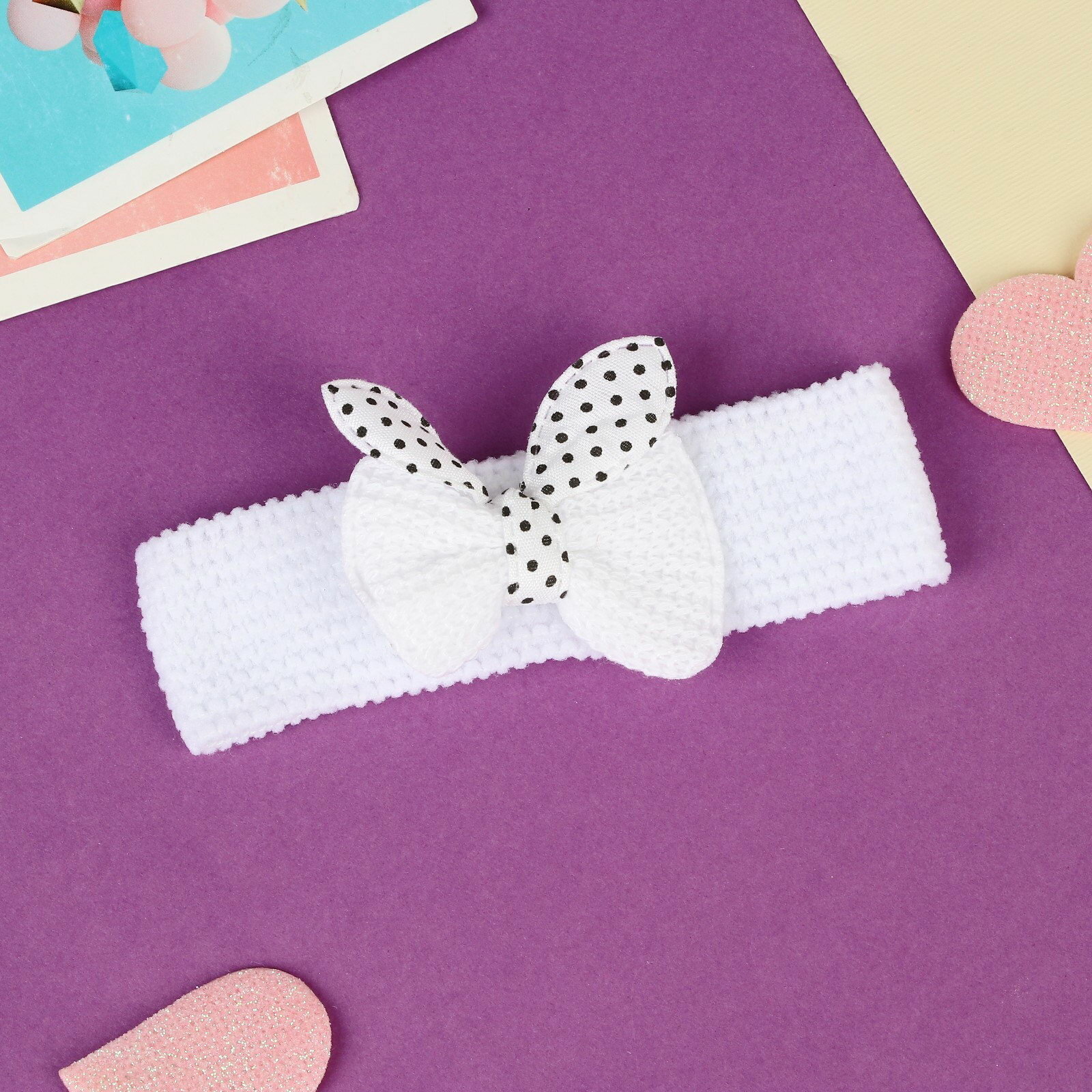 Повязка для волос бантик горох, 16x3 см, белая, цвет: белый, вид банта: бабочка