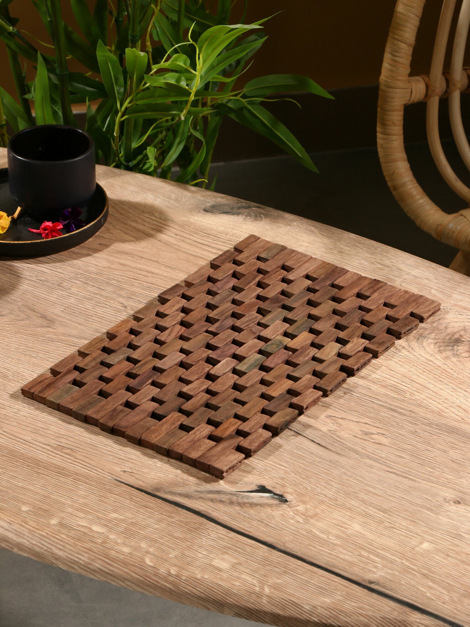 Коврик из тикового дерева, 30x20x0.7 см, цвет: коричневый, форма: прямоугольник