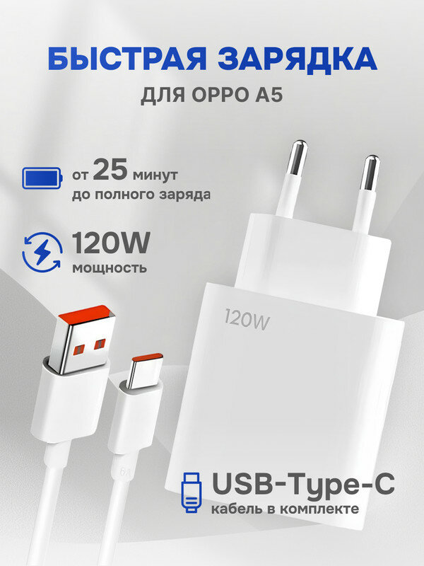 Зарядное устройство для телефона OPPO A5 (оппо А5) / Быстрая зарядка 120W / кабель type c в комплекте