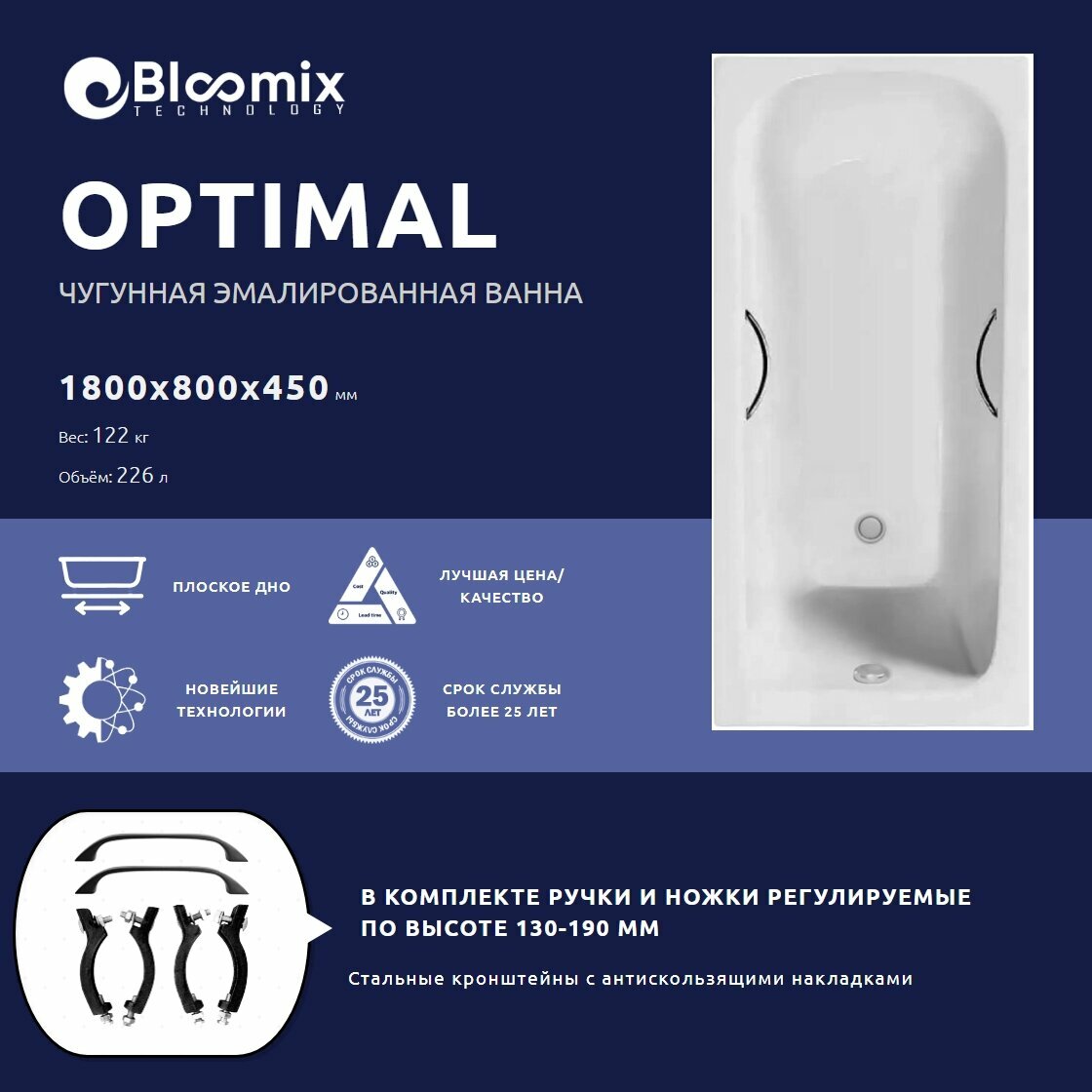 Ванна чугунная Bloomix Optimal 180x80 BLO188045-H с ручками