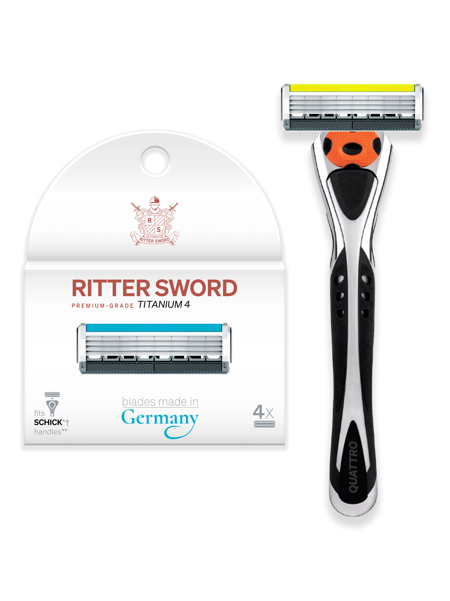 Schick Quattro Titanium (Ritter Sword), 4 сменные кассеты + станок Quattro Core Motion с 1 кассетой