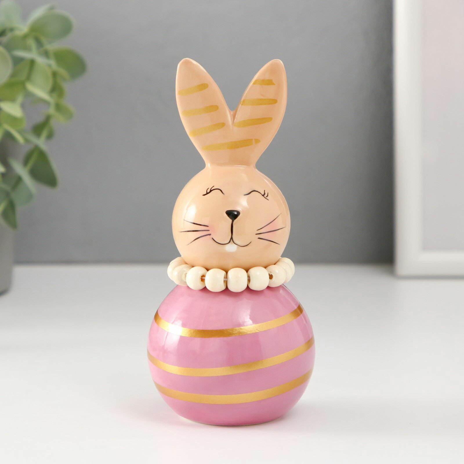 Фигурка керамика "Зайка-неваляшка с полосками", бежево-сиреневый, 6.3x6.3x13.3 см