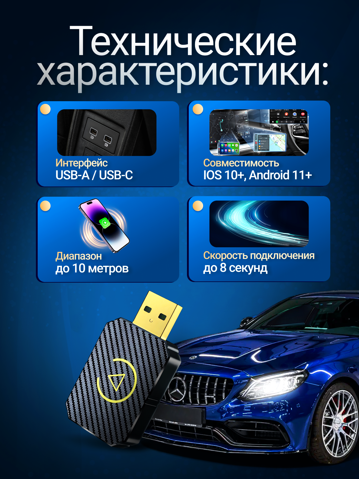 Беспроводной адаптер для автомобилей CarPlay и Android Auto, 2 в 1 , Q1M
