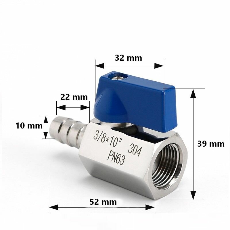 Кран штуцер Dn 3/8-10 mm ВР, из нержавеющей стали AISI 304