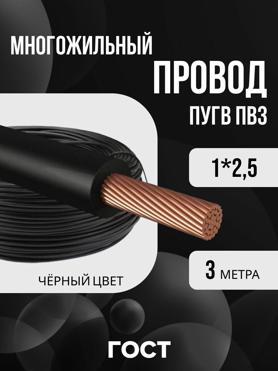 Провод электрический многожильный ПУГВ ПВ3 1х2.5 черный 3м