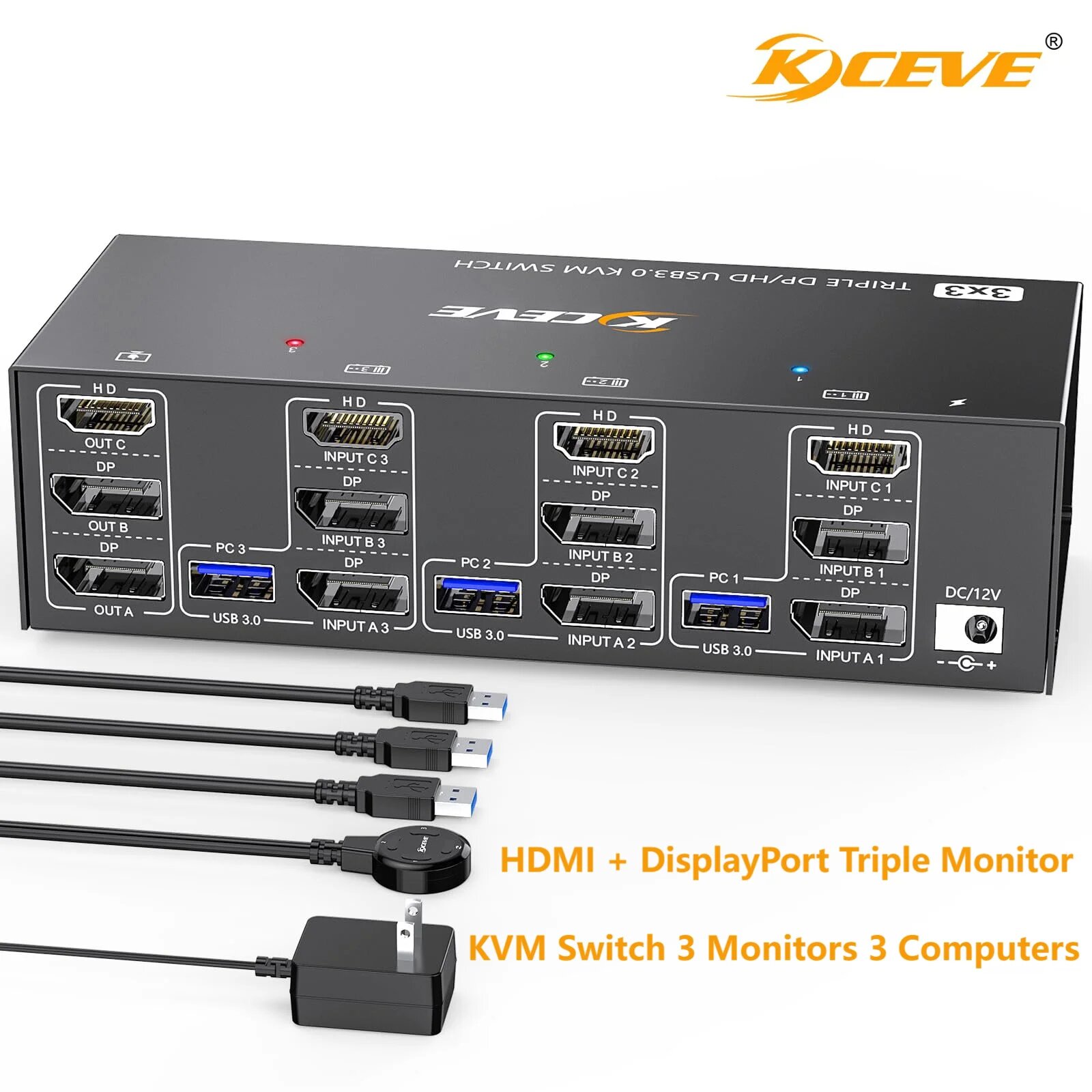 KVM-переключатель 2 монитора 3 компьютеров USB 3.0 HDMI 3 in 3 out 1HDMI2DP, UK Plug