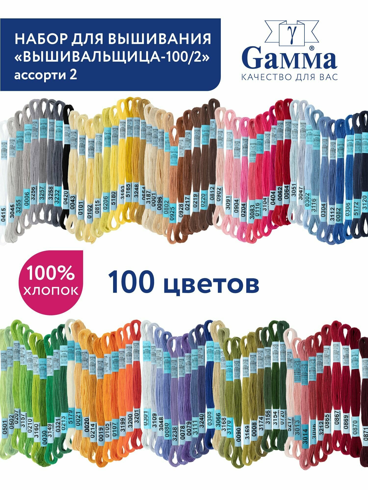 Набор нитки мулине Gamma "Вышивальщица-100/2", хлопок, 100 цветов 8 м ассорти №2