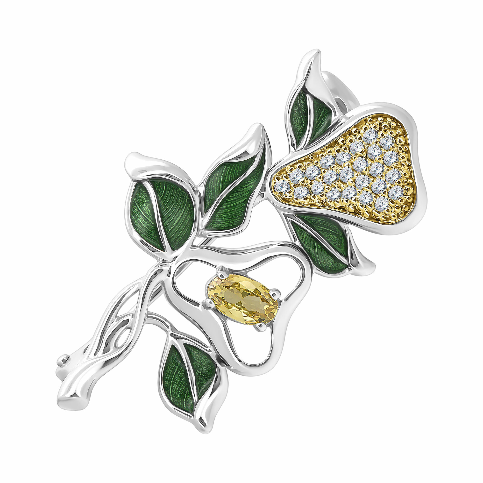 Брошь, серебро, 925 проба, родирование, эмаль, фианит