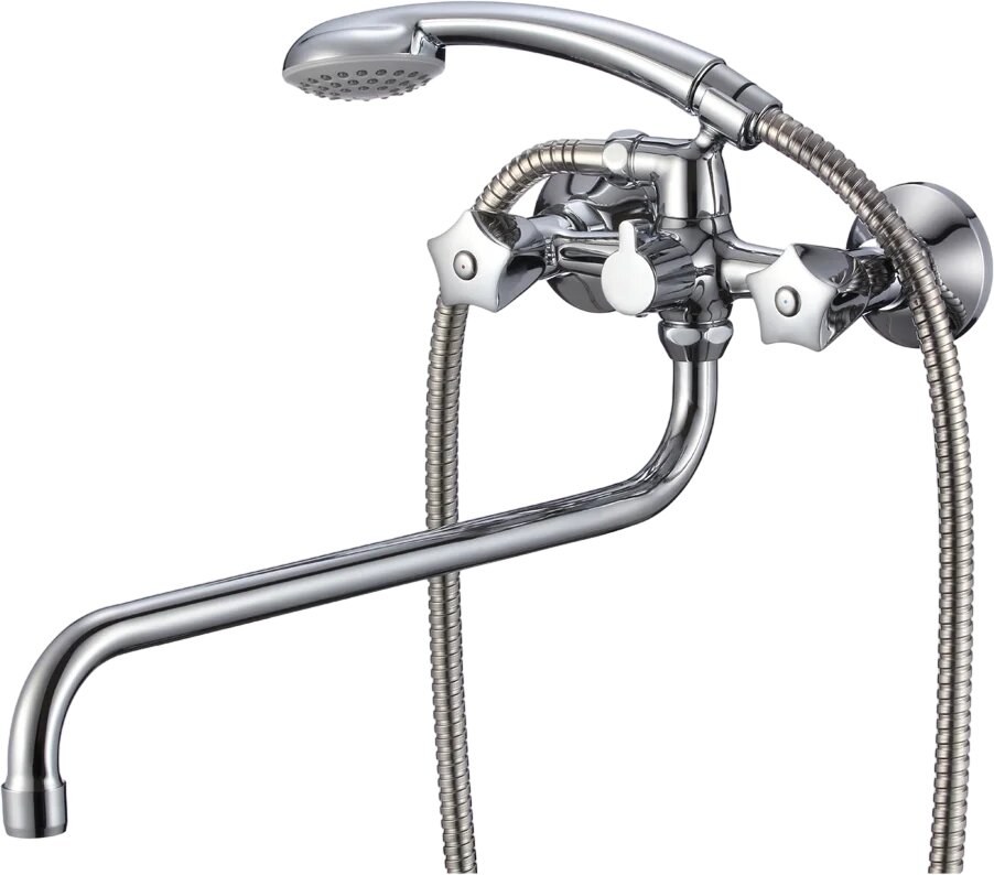 Смеситель с длинным изливом для ванны WesnaArt Kamila KAM16-322-23241 с душевым гарнитуром, поворотный, латунный, хром, глянцевый, смеситель для ванны с душем, вентильный