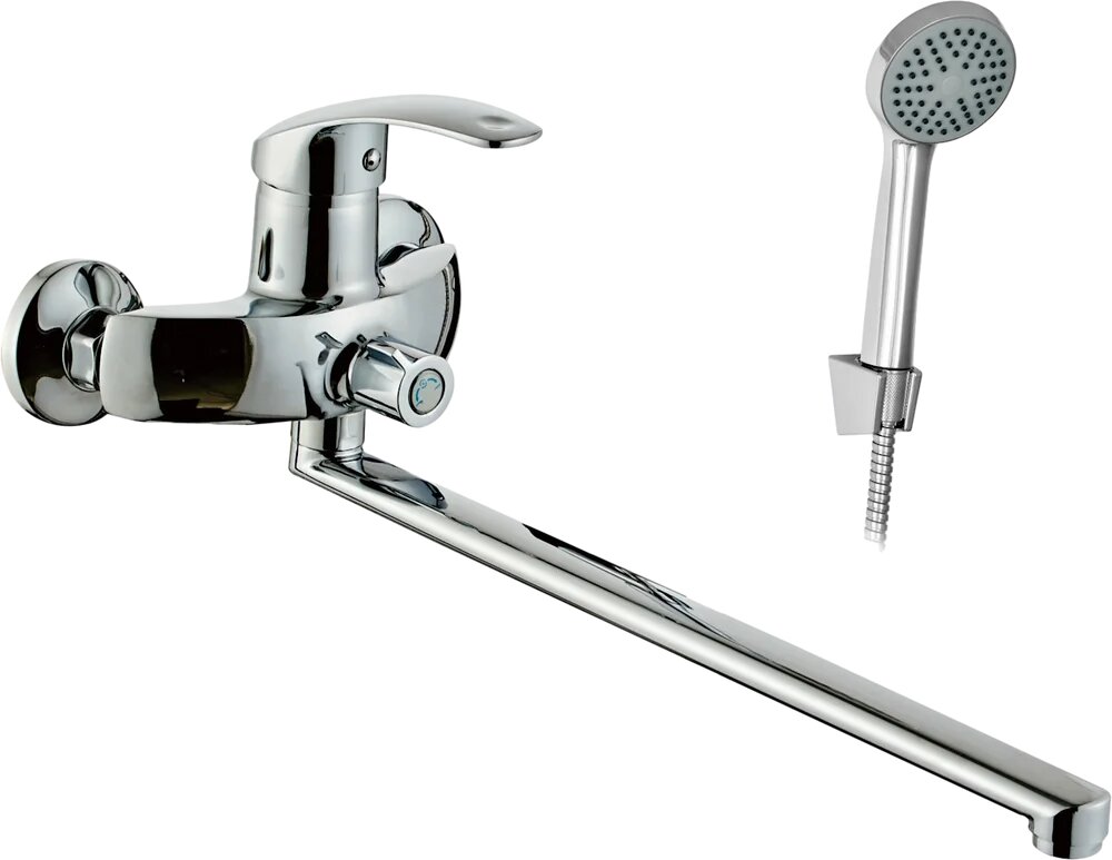 Смеситель с длинным изливом для ванны D-lin 401-2 D147401-2 с душевым гарнитуром, поворотный, металлический, хром, глянцевый, смеситель для ванны с душем, рычажный, с настенным держателем