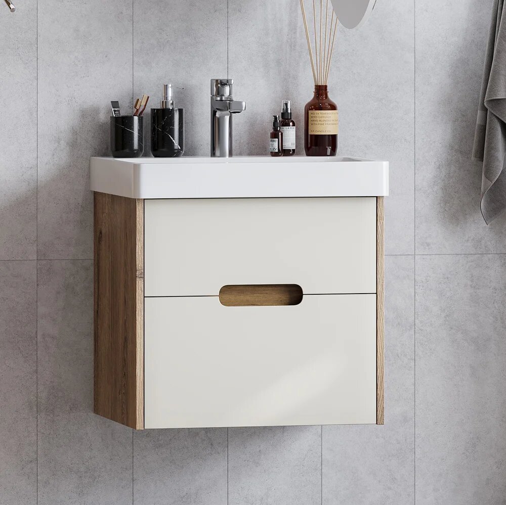 Тумба под раковину без столешницы AQUATON Оливия 55 подвесная, бежевая, светлое дерево, матовая, из МДФ, тумба для ванной, с ящиками, с доводчиками