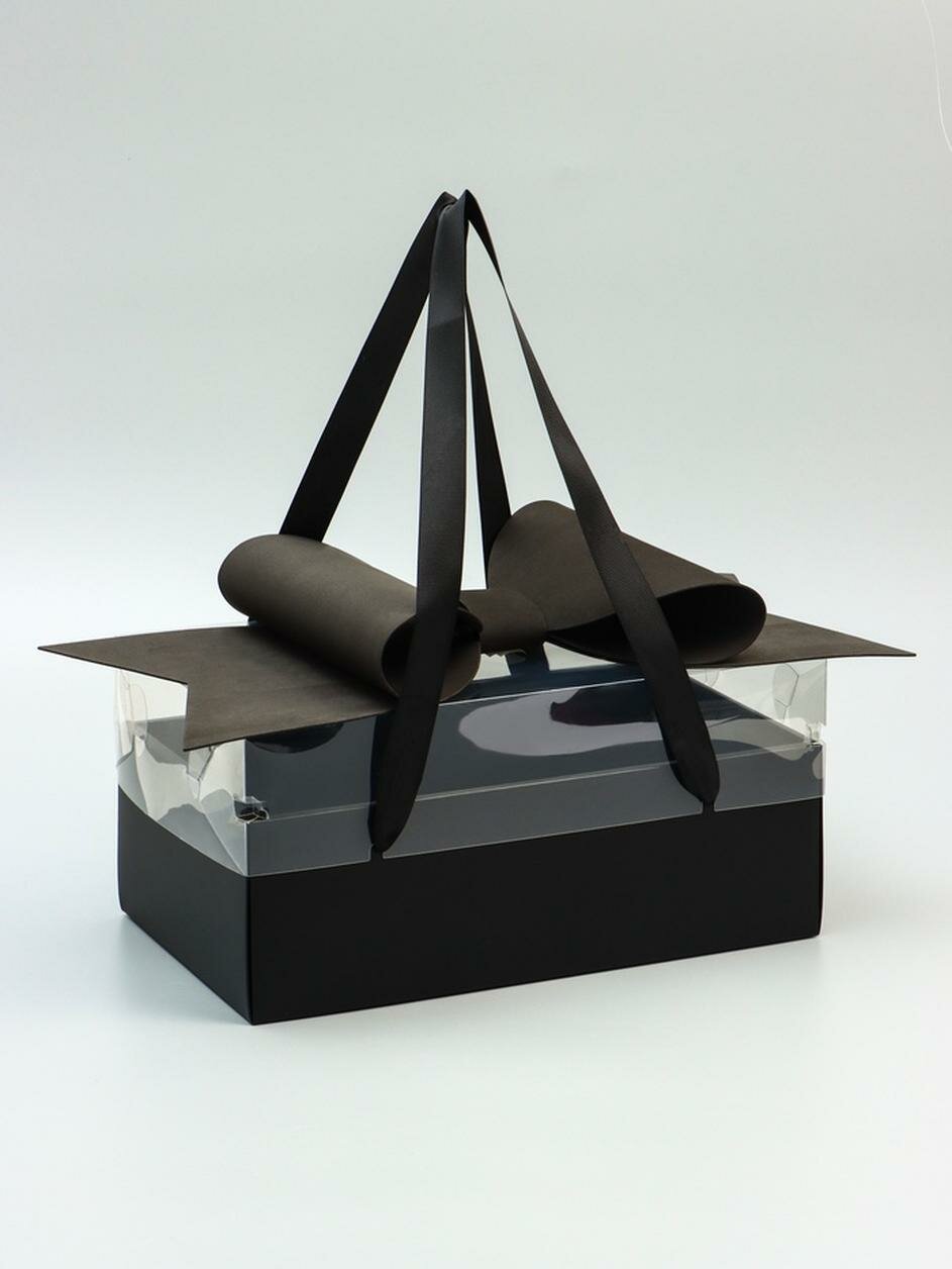 Коробка подарочная с бантом, ручками и прозрачной крышкой 35 х 21 х 15 см Черная