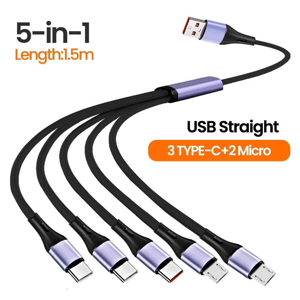 Кабель USB-A 5-в-1 Для Сверхбыстрой Зарядки 66 Вт Для iPhone, Huawei, Samsung