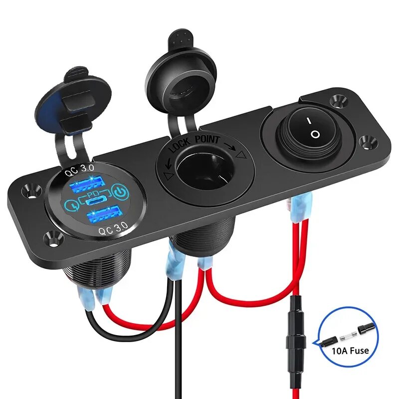 Двойной USB QC3.0 PD, разъем для быстрого зарядного устройства, многопортовая панель, разветвитель прикуривателя с выключателем питания для мотоцикла 12/24 В, лодки, Blue