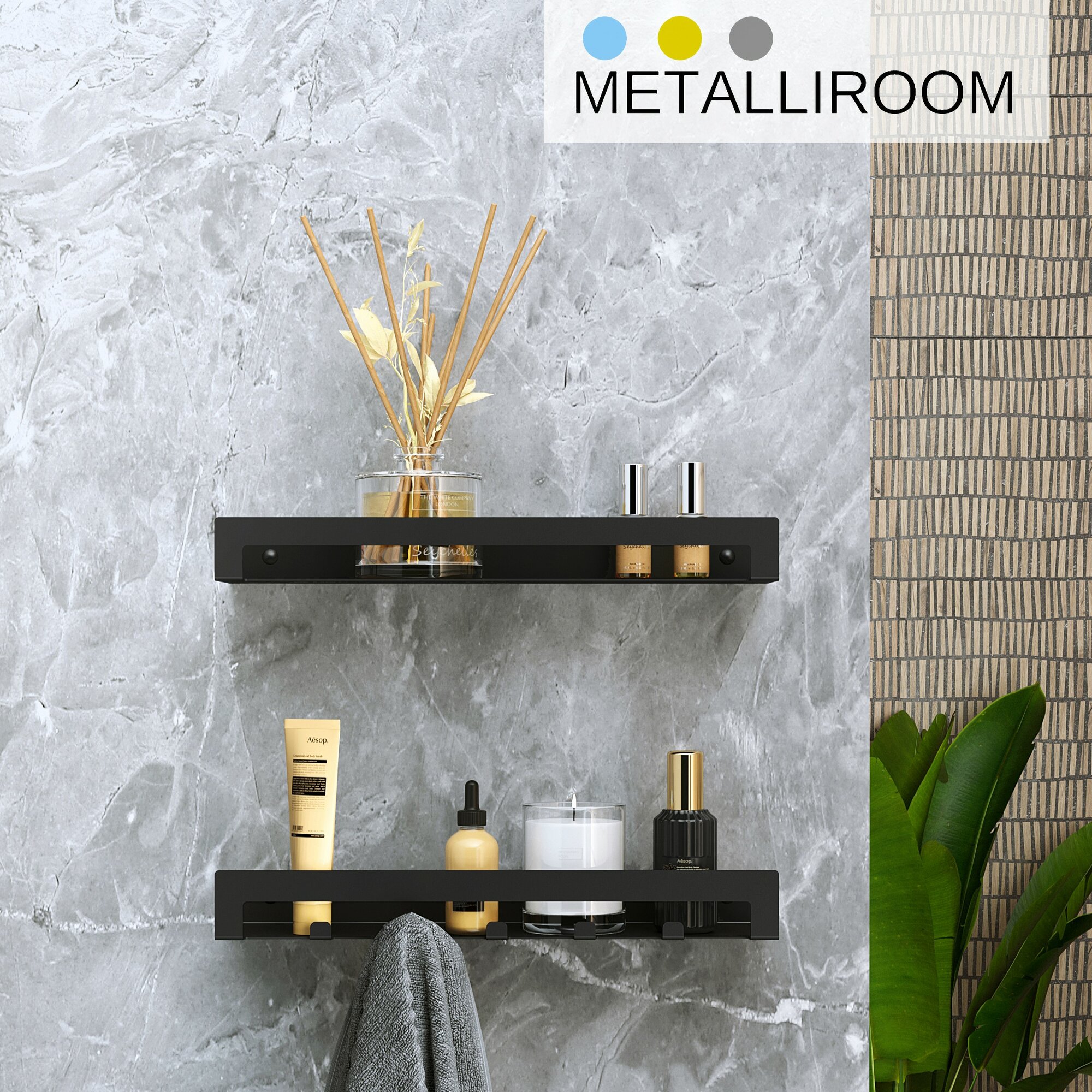 Полки Metalliroom для ванной, металл, настенные, 40x11x3,5 см, комплект 2 шт, черные