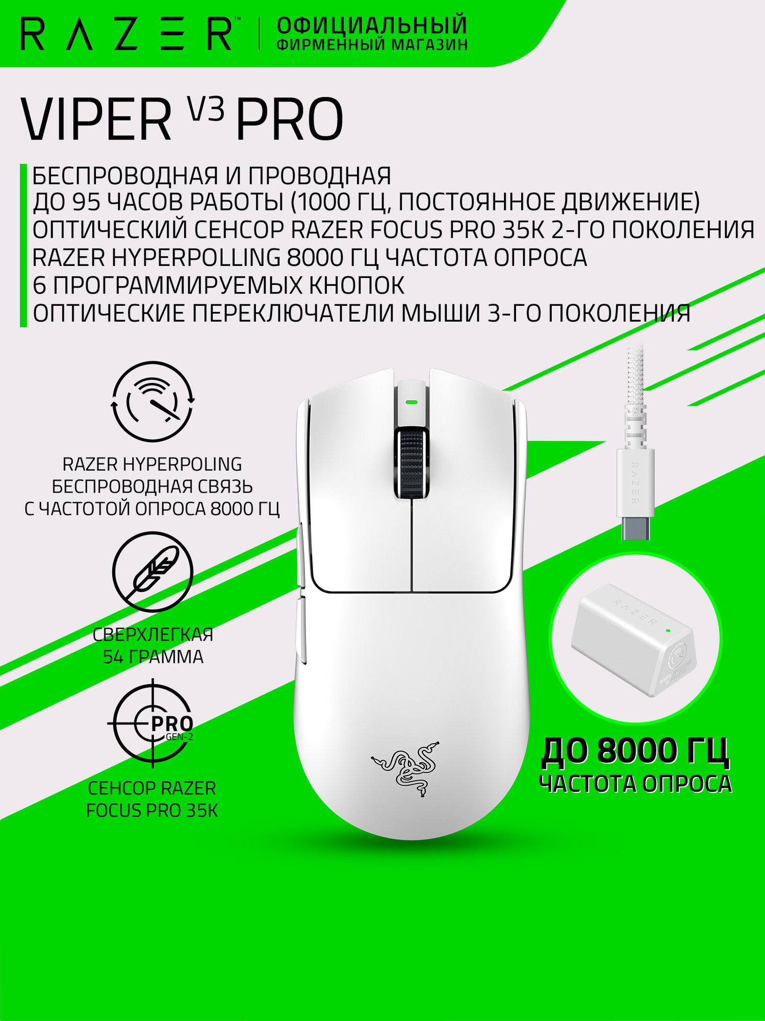 Игровая мышь Razer Viper V3 Pro (White) Беспроводная и Проводная, Частота опроса до 8000Гц, 35.000 DPI, 8 кнопок, 55 г