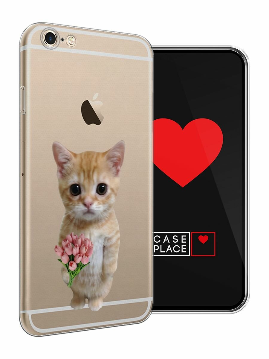 Чехол на Apple iPhone 6 Plus/6S Plus / Айфон 6 Плюс с принтом "Котик с букетом тюльпанов - 8 марта", прозрачный — фото 1