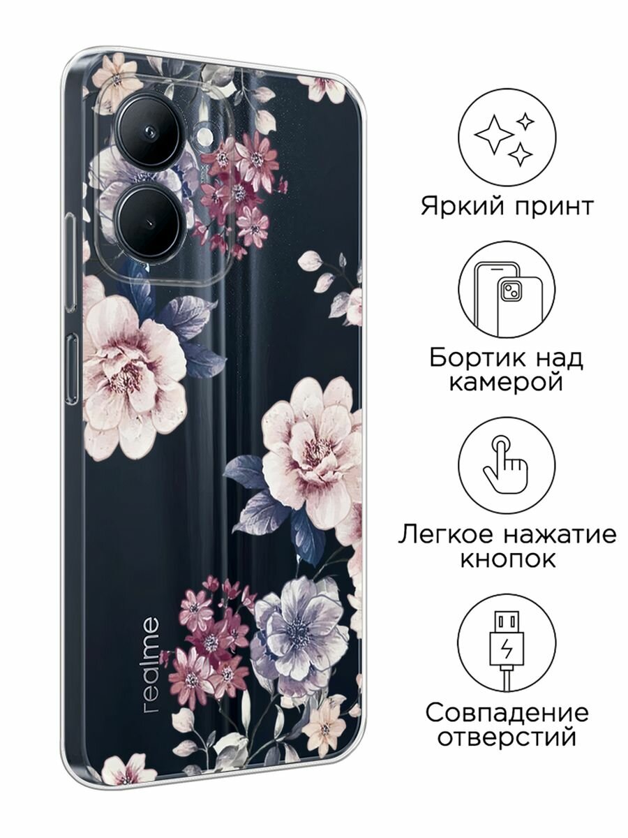 Чехол на Realme C33 / Реалми С33 с принтом "Нежные винтажные цветы", прозрачный — фото 1