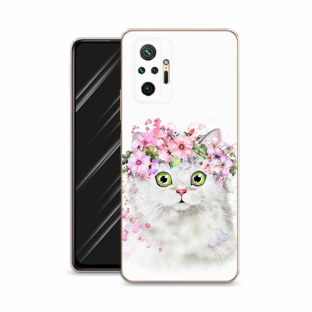Чехол на Xiaomi Redmi Note 10 Pro / Сяоми Редми Нот 10 Pro с принтом Белая кошка с цветами — фото 1