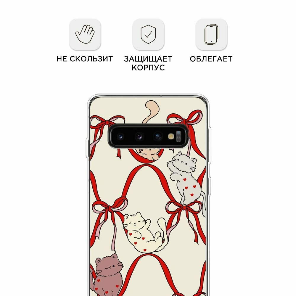 Чехол на Samsung Galaxy S10 / Самсунг Галакси S10 с принтом "Котики в ленточках 1" — фото 1