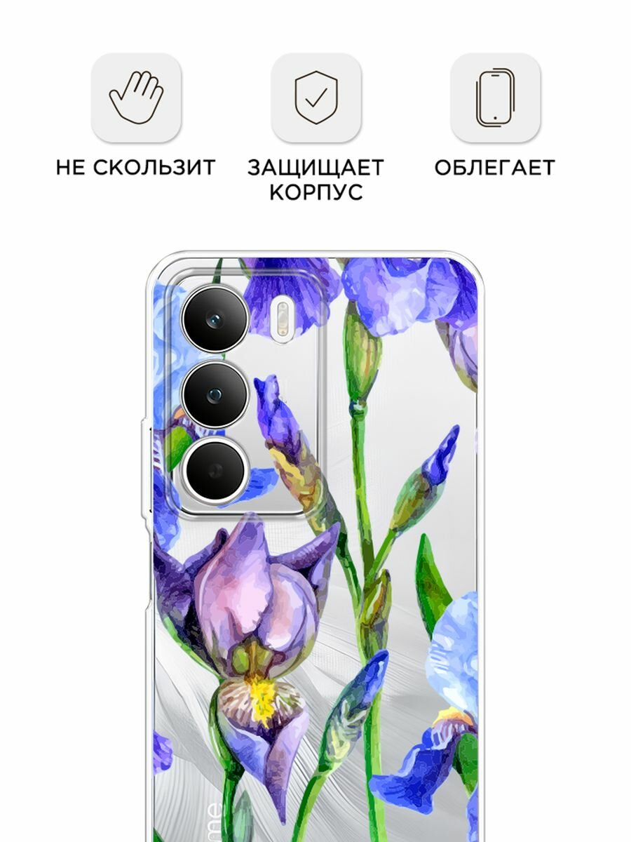 Чехол на Realme C71/P3 Lite 4G / Реалми С71/P3 Лайт 4G с принтом "Синие ирисы", прозрачный — фото 1