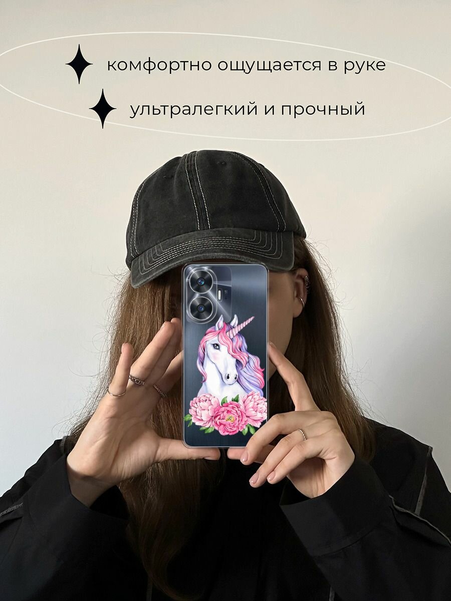 Чехол на Realme C55 / Реалми C55 с принтом "Единорог с пионами", прозрачный — фото 1