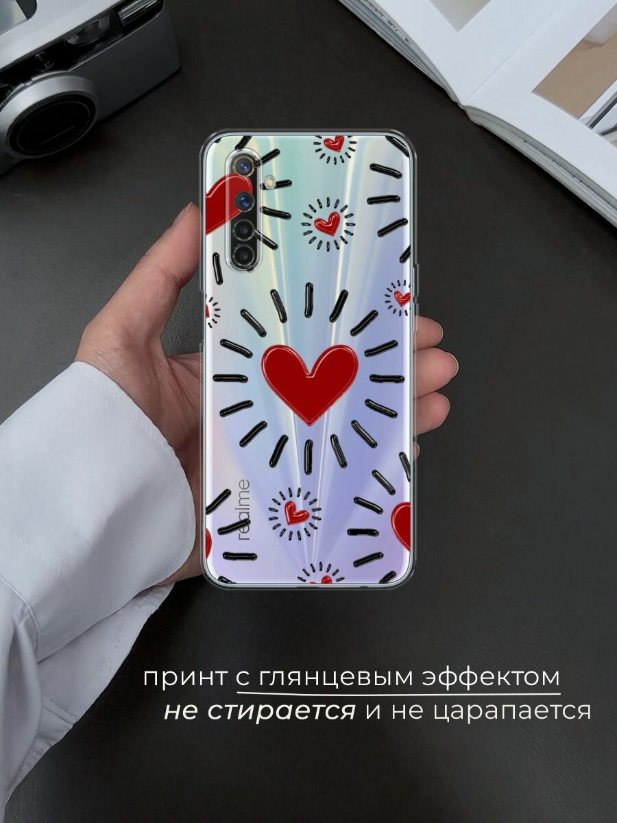 Чехол на Realme 6 / Реалми 6 с принтом "Бордовые сердца паттерн" — фото 1