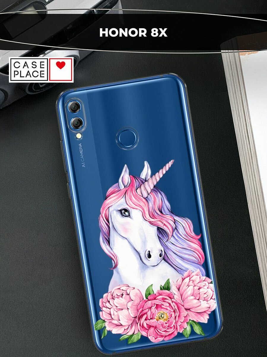 Чехол на Honor 8X / Хонор 8Х с принтом "Единорог с пионами", прозрачный
